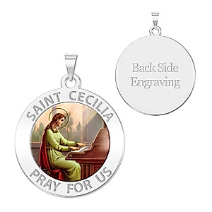 PicturesOnGold.com Saint Cecilia Round Religious Medal - 10k White Gold - 3/4 x 3/4 Inch Size of a Nickel with Engraving