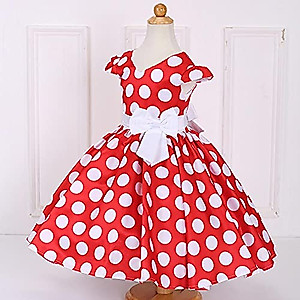 FYMNSI Toddler Girls Polka Dots Princess Birthday Party Pageant Cap Sleeve Dress with Ear Headband Outfits Red 3-4 Years