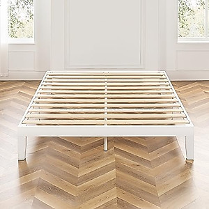 Mellow Naturalista Classic 12 Inch Solid Wood Platform Bed with Wooden Slats, King, White