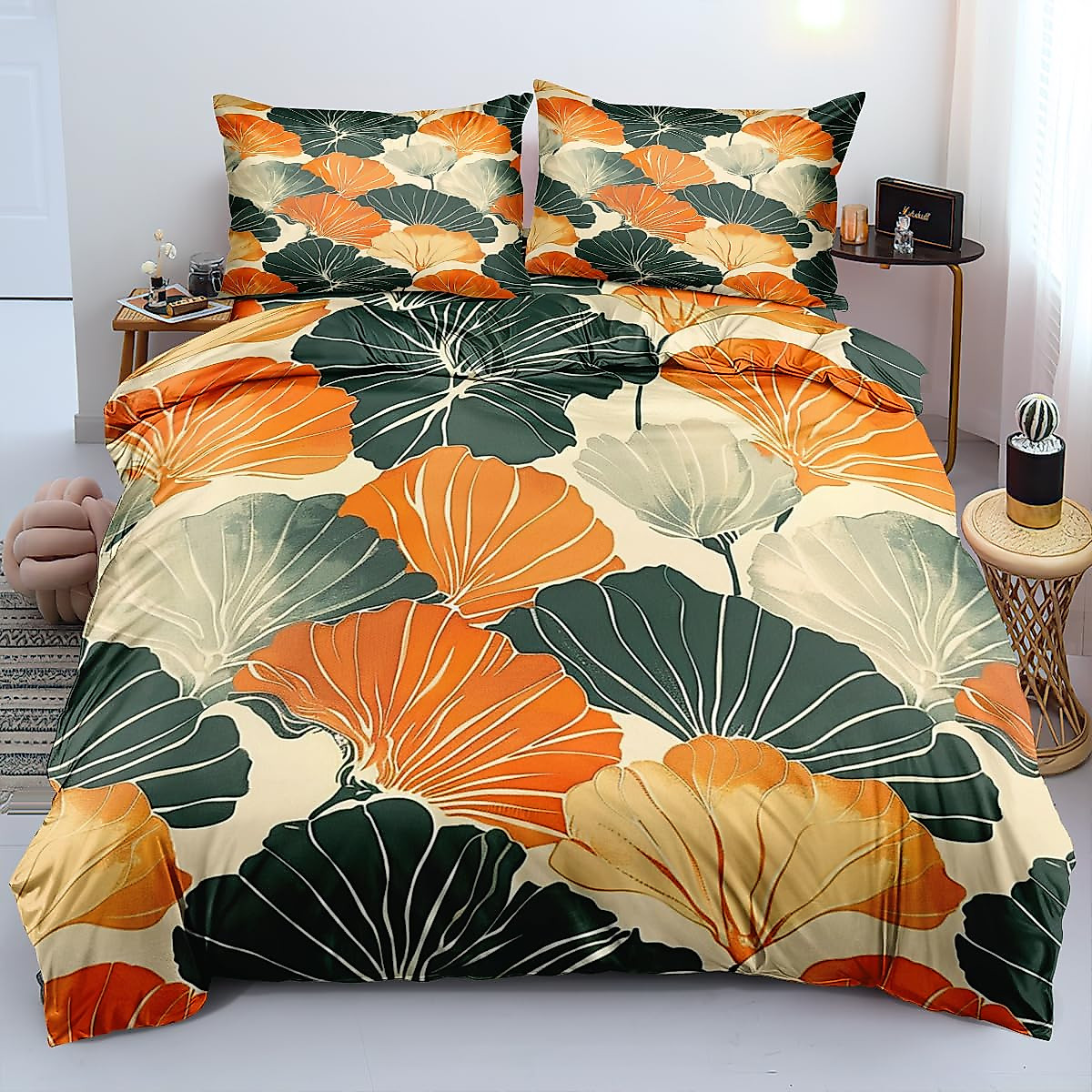 CCoutueChen King Size Ginkgo Leaf Duvet Cover Dark Green Orange Leaves Duvet Cover Set 3 Pieces Aesthetic Botanical Bedding Set with Zipper Closure 4 Ties (2 Pillowcases, No Comforter)