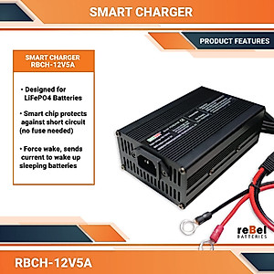 reBel Batteries - 12V LiFePO4 Charger 5 Amp Intelligent Chip CC/CV Multistage Lithium Battery Charger Ring Terminals Plus Alligator Clips
