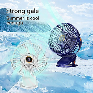 AbuDodo Portable Clip on Fan with LED Light, Digital Display, Quiet, 5-Speed Rechargeable Mini Table Fan, 360° Rotation: Personal Cooling Device for Home, Office, Stroller, Camping, Outdoor - Blue