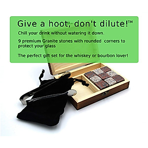 Whiskey Stone Gift Box set with 9 Premium Granite Stones (Won't Water Down Your Drink!), Wood Box, Velvet Carrying Bag and Tongs (Natural Red)