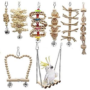 N / A 8 Packs of Bird Swing Chewing Toys, Parrot Natural Wood Climbing Hanging Cage Toys Suitable for Small Parakeets, Love Birds, Cockatiels, Conures, Finches, Parrots, Budgie,Macaws