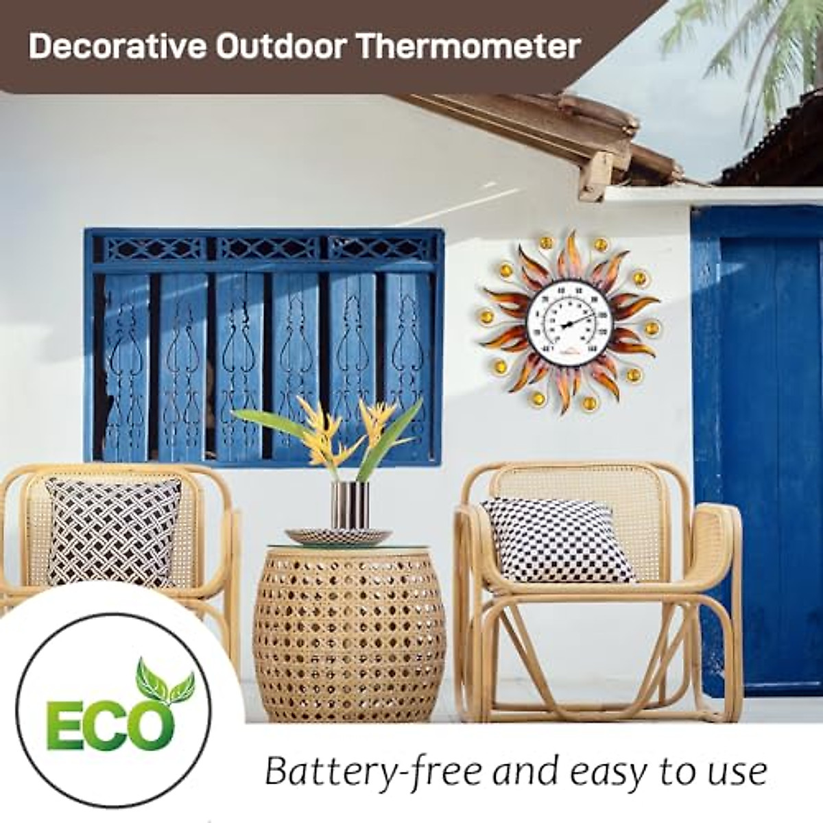 HOBYLUBY 13'' Sun Outdoor Thermometer, Indoor Outdoor Thermometer No Battery Needed, Decorative Outside Wall Thermometer for Patio, Home, Living Room, Garden Greenhouse, Wine Cellar