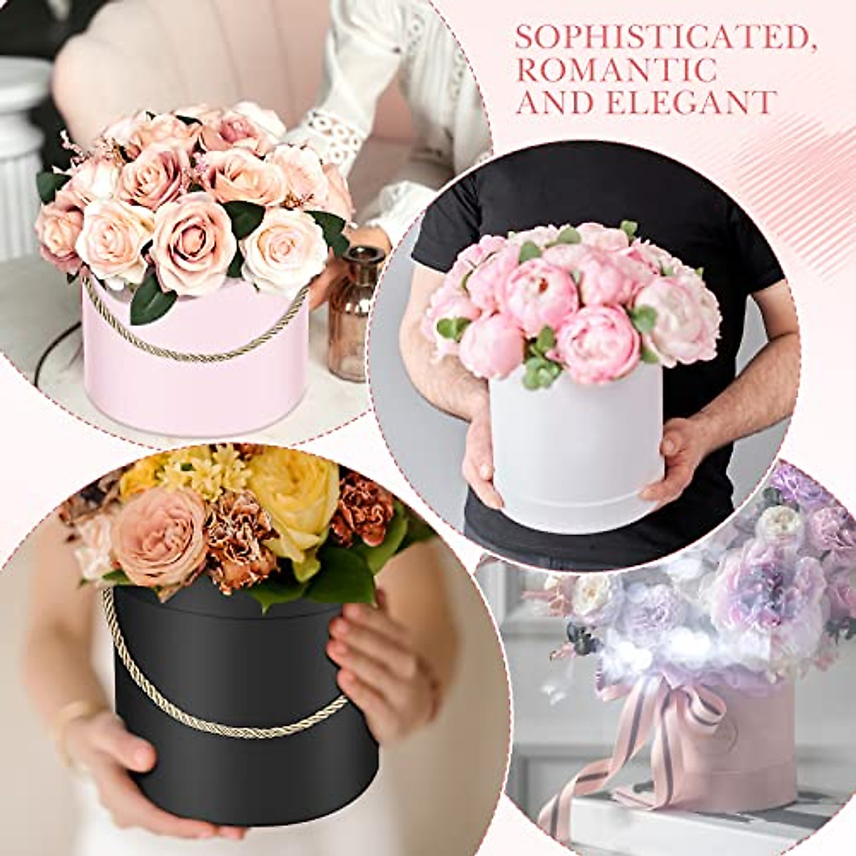 Skylety 6 Pcs Round Flower Boxes with Lids Nesting Gift Boxes with Handle for Flowers Arrangement Assorted Sizes for Mother's Day, Bridesmaid, Wedding, Birthday, Baby Shower(Black)