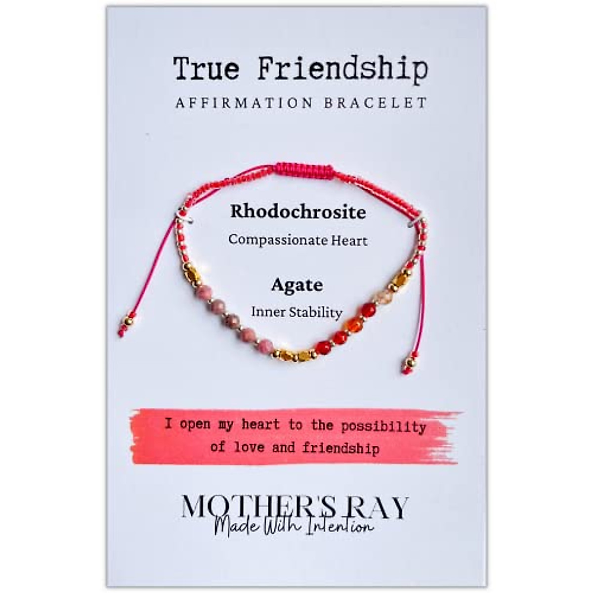 Mother's Ray True Friendship Affirmation Bracelet – Rhodochrosite and Agate Beaded Bracelets – Genuine Gemstones and Crystals Bracelet for Women – Adjustable Nylon Cord for Comfortable Wear