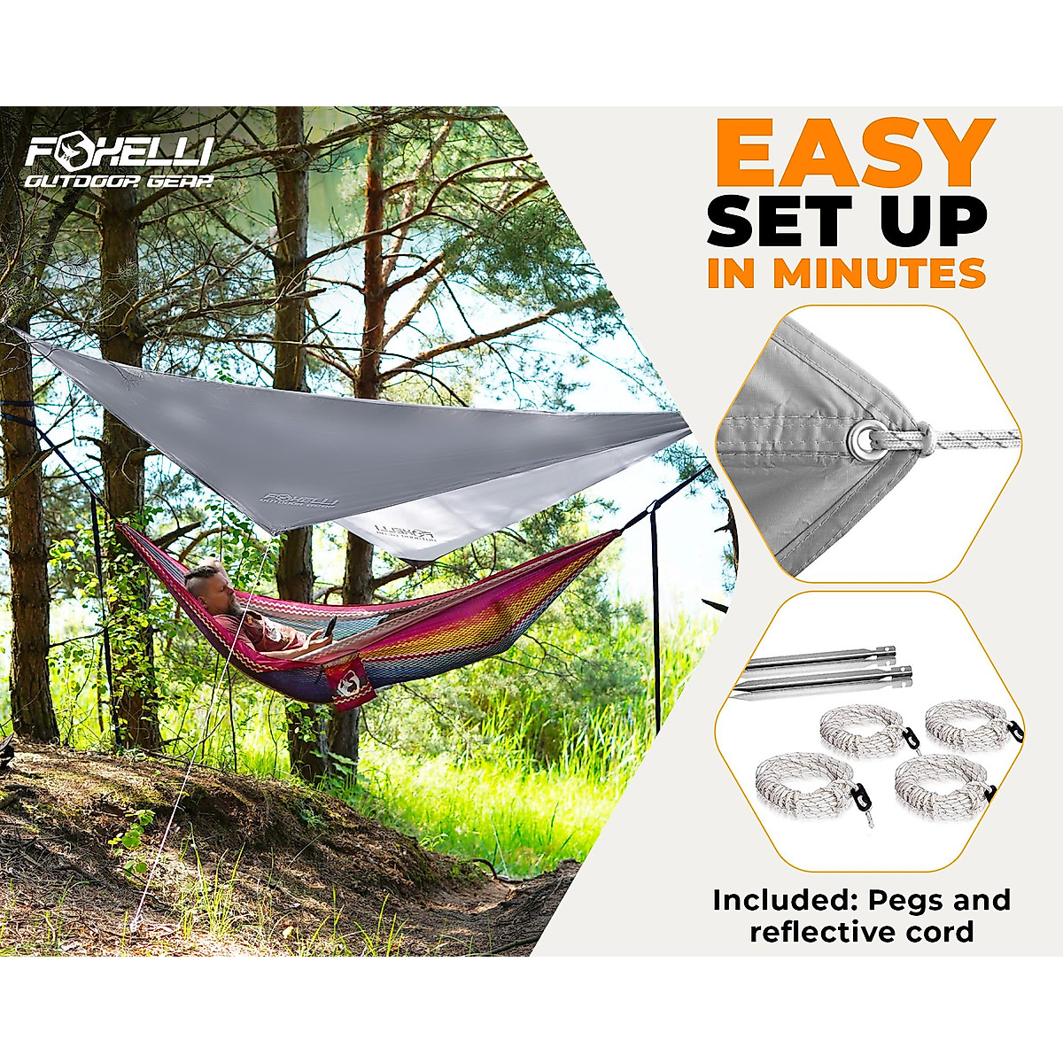 Foxelli Hammock Rain Fly - Waterproof Lightweight Tent & Hammock Rain Tarp for Camping, Backpacking w/Easy Setup Including Extra Long Guy Lines & Stakes