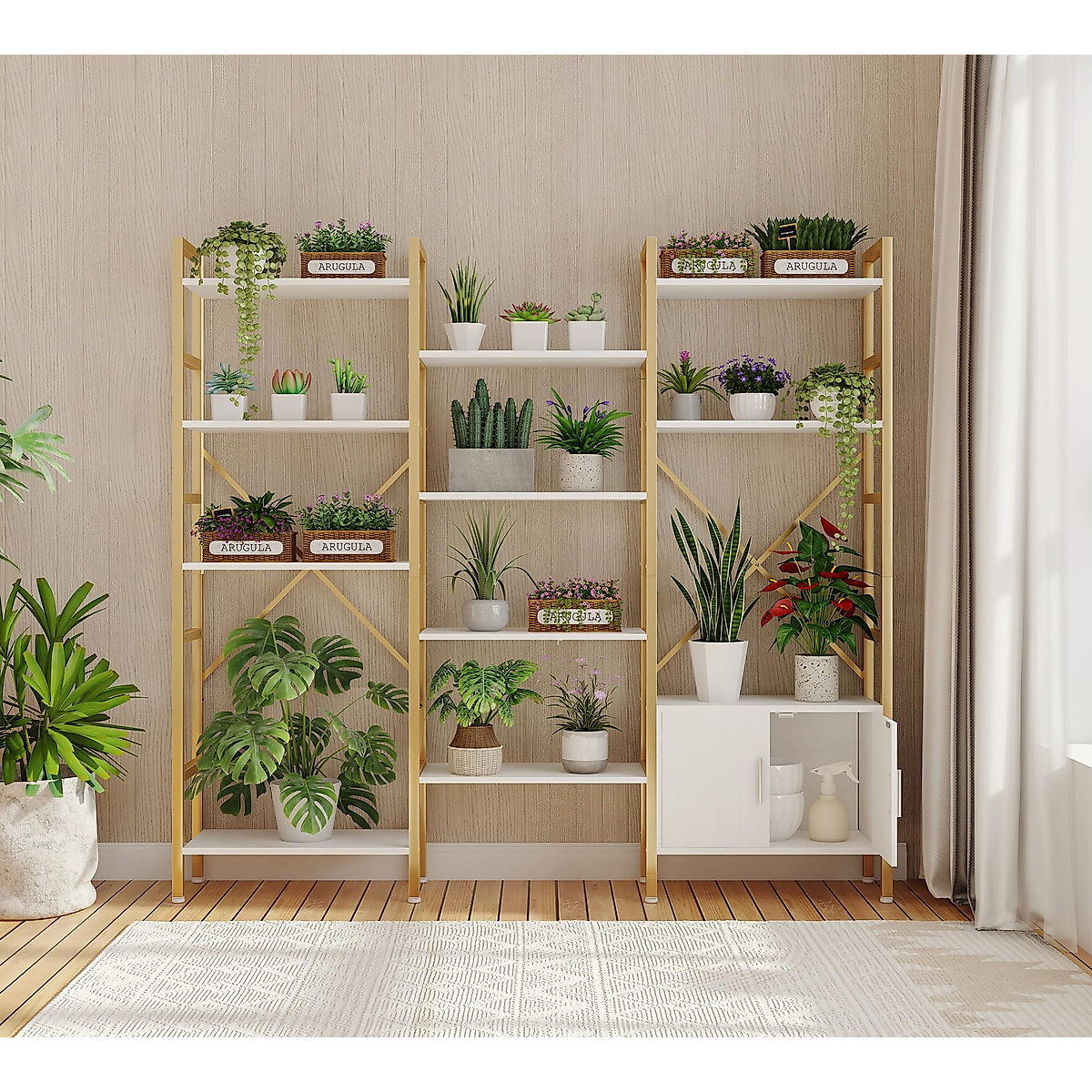 Yusong Bookshelf Triple Wide 5 Tier Bookcases with Storage Cabinet, Industrial Large Modern Tall Bookshelves with 12 Open Display Shelves for Living Room Office Bedroom, White Oak and Gold