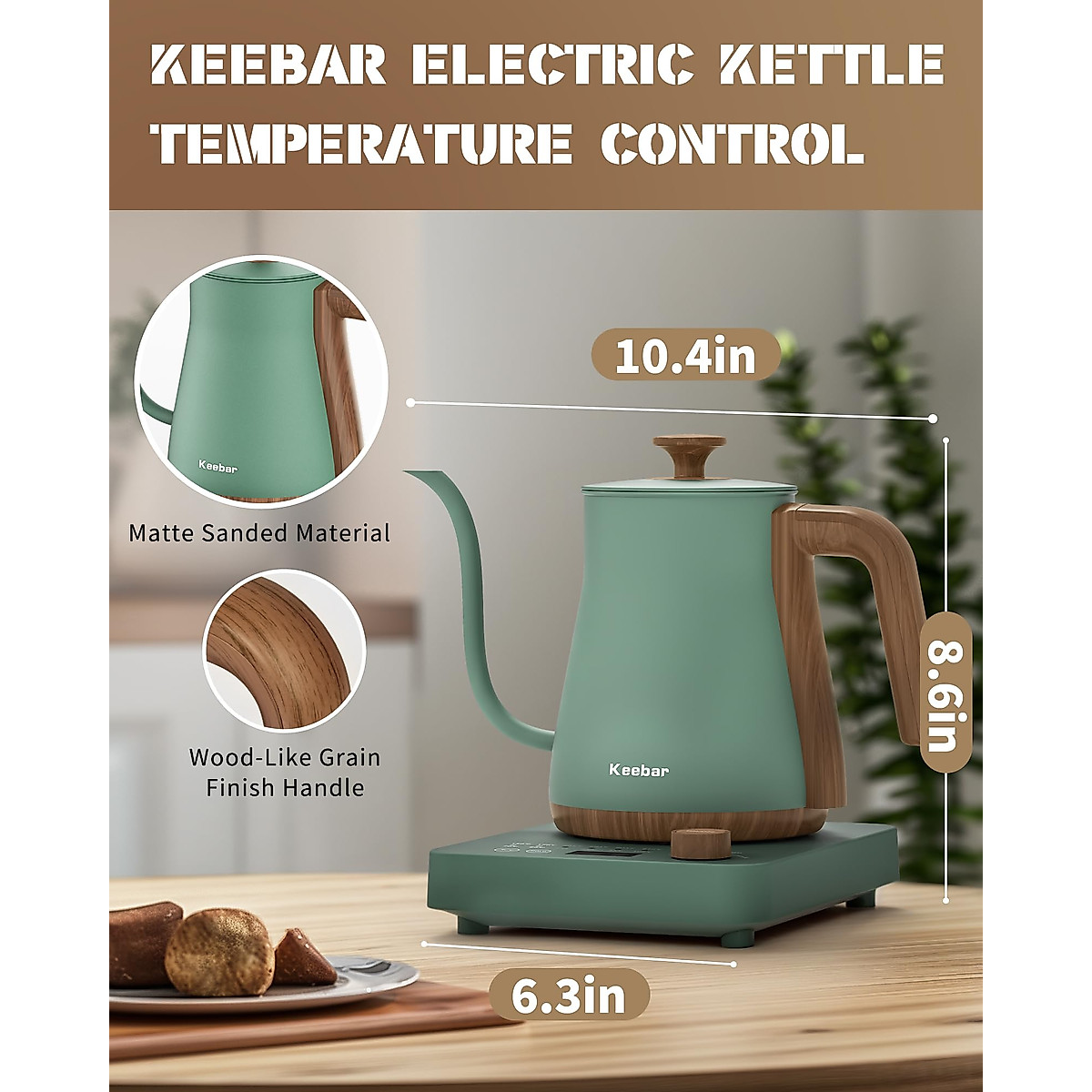 Electric Kettle, 1000W Quick Heating Gooseneck Kettles, 0.8L/27.05oz, 0.8mm Ultra-Fine Spout, Precise Water Flow Control, 304 Stainless Steel Inner, Auto Shut-Off, Boil Dry Protection, Matte Green