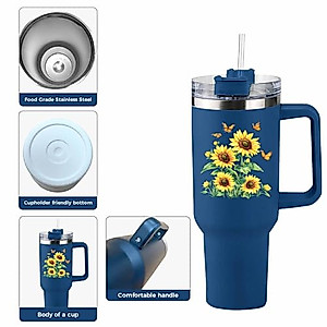 LB LEOBON 40 ounce insulated cup with handle, double-layer vacuum stainless steel material, equipped with straw, can keep warm or maintain cold drinks Spring Sunflower Butterfly Fragrant taro purple