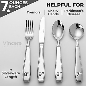 Weighted Utensils for Tremors and Parkinsons, Heavy Weight Stainless Steel Silverware Set, Adaptive Eating Flatware Helps Hand Tremors, Parkinsons Aids for Living, Arthritis - Knife, Fork, Spoons, 7oz