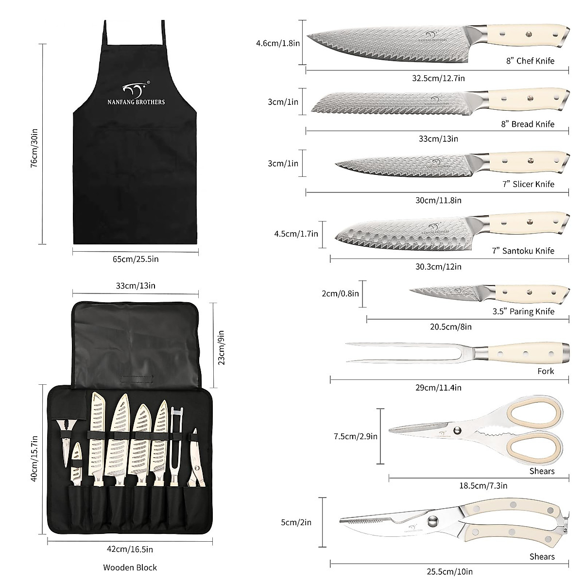 NANFANG BROTHERS Chef Knife Set with Bag, 9 Pieces Damascus Steel Chef Knives with Portable Knife Roll Storage Bag, Blade Guards, Carving Fork, Apron and Kitchen Shears for Outdoor Camping Travel