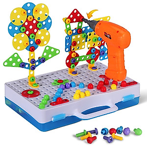 Creativity Tool Box with Drill Screwdriver Toy Set, STEM Building Toys for Kids 3+ Year Old, Creative Building Blocks Pegboard Kits for Boys & Girls 3 4 5 6 7 8 Year Old