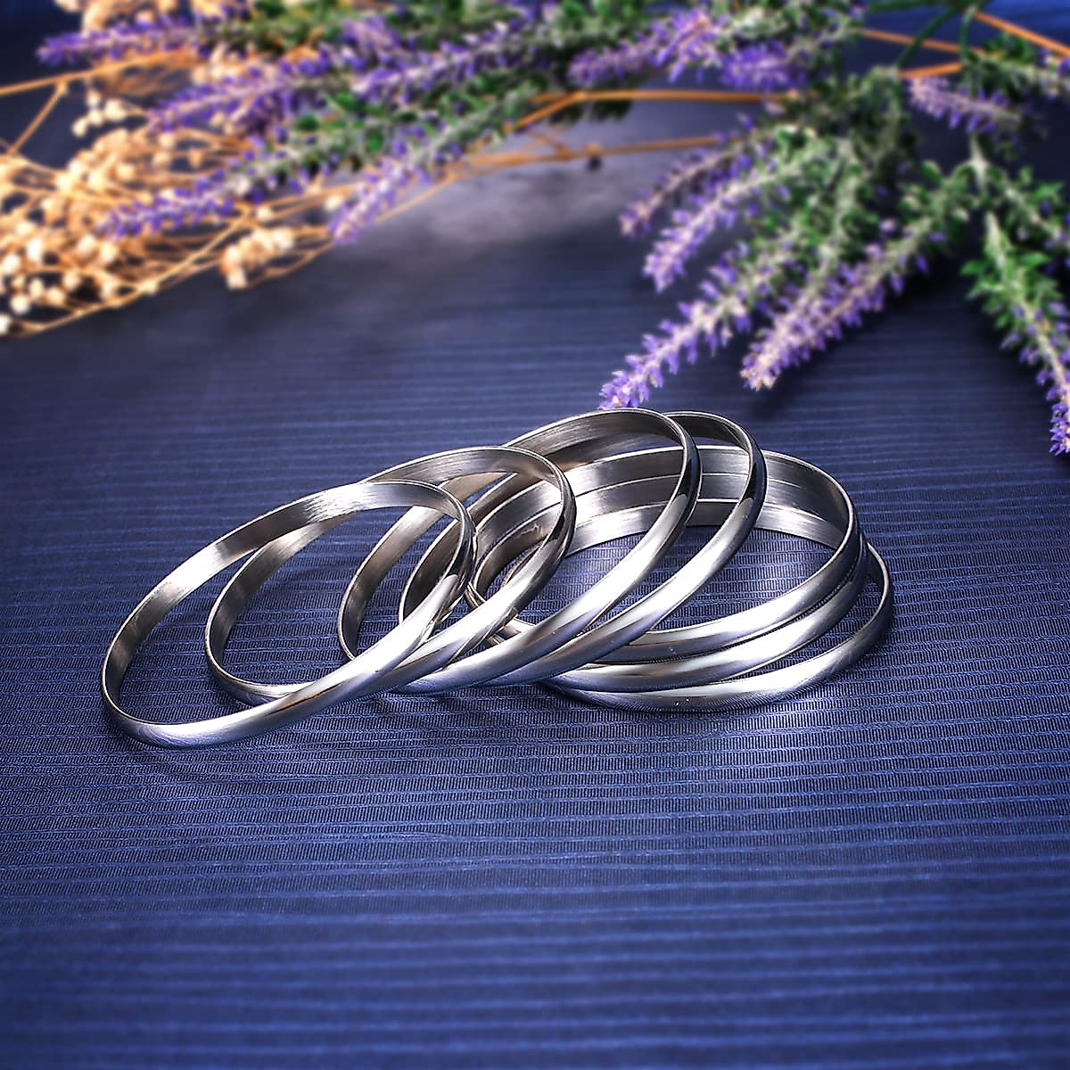 Castillna Glossy Stainless Steel Bangle Bracelets Set for Women, Silver, Set of 7 Pieces, 7.8 inches