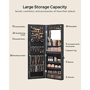 SONGMICS Jewelry Cabinet Armoire Organizer with LED Lights, Wall-Mounted Storage Cabinet with Full-Length Frameless Mirror, Built-in Makeup Mirror, 2 Drawers, Lockable, Black UJJC013B01