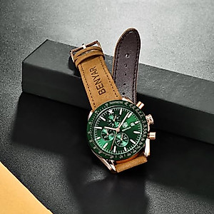 BY BENYAR Men's Watches Analog Quartz Waterproof Watch Sport Leather Watch for Men Fashion Elegant Chronograph Casual Wristwatch（Green）