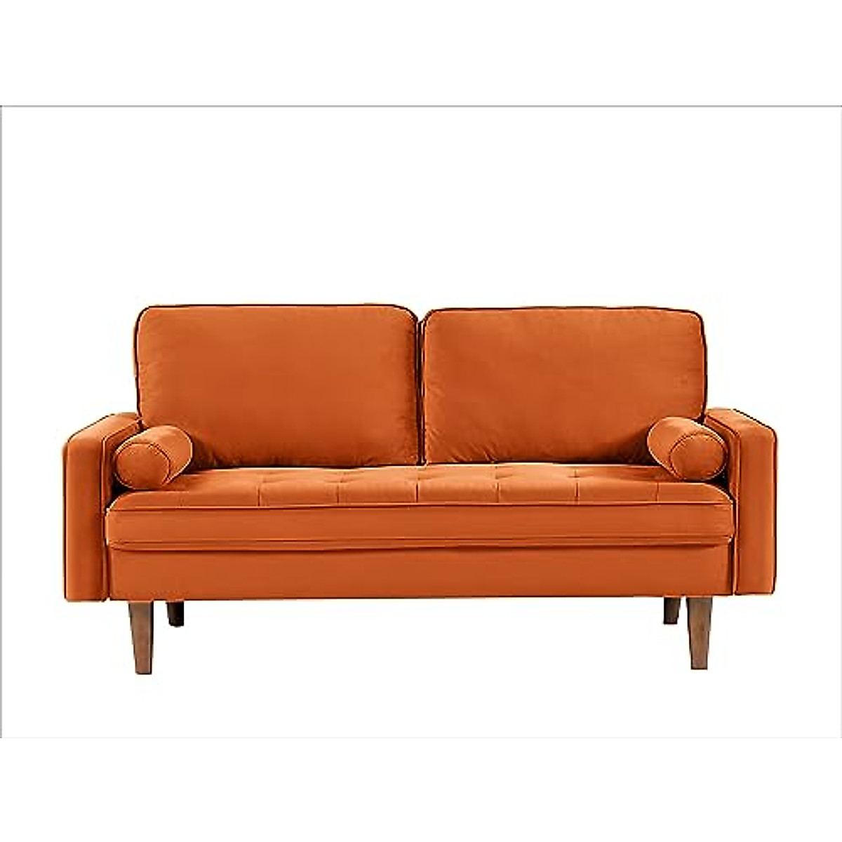 Container Furniture Direct Velvet 58" Loveseat Sofa Couch for Living Room, Classic Mid-Century Style with Modern Silhouette, Button Tufting and Wood Legs, Includes 2 Bolster Pillows, Orange
