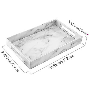 Lewondr Serving Tray with Wide Handles, PU Leather Ottoman Cofee Table Serving Tray, 14.96"x9.45"x1.97" Decorative Tray for Perfume Cosmetic Jewelry Key, Countertop Storage Organizer - Marble White