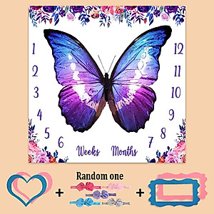 PHMOJEN Baby Monthly Milestone Blanket, Colorful Butterfly Wings Flowers Blanket for Nursery, Girl 1-12 Months, Includes 4 Frame and 1 Headband 40"x40" BTLSPH432