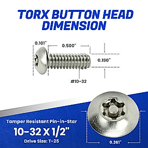 Fastenere Torx Security Machine Screws - 10-32 x 1/2" (25-Pack) Stainless Steel, Tamper-Resistant, Button Head Screws, Bolt Screw for Higher Level of Safety & Theft Prevention