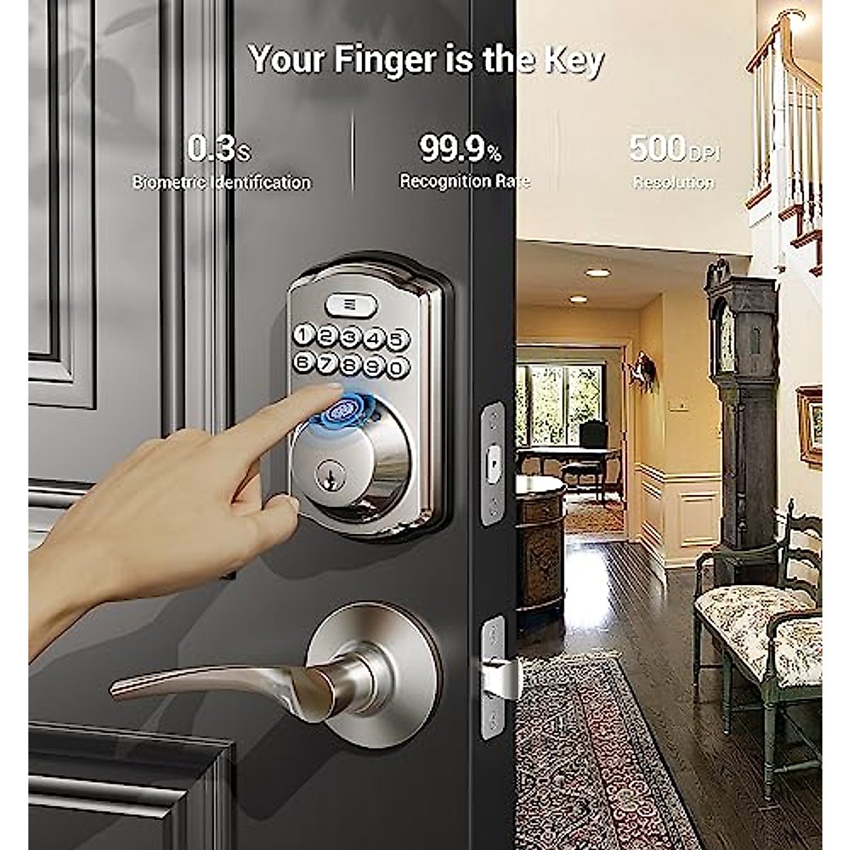 Veise Fingerprint Door Lock with 2 Lever Handles - Keyless Entry Door Lock, Electronic Keypad Deadbolt & Front Door Lock Handle Sets, Auto Lock & 1 Touch Locking, Easy Installation, Satin Nickel