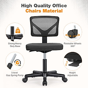 Armless Mesh Office Chair, Ergonomic Computer Desk Chair, No Armrest Small Mid Back Executive Task Chair with Lumbar Support and Swivel Rolling for Small Spaces, Black