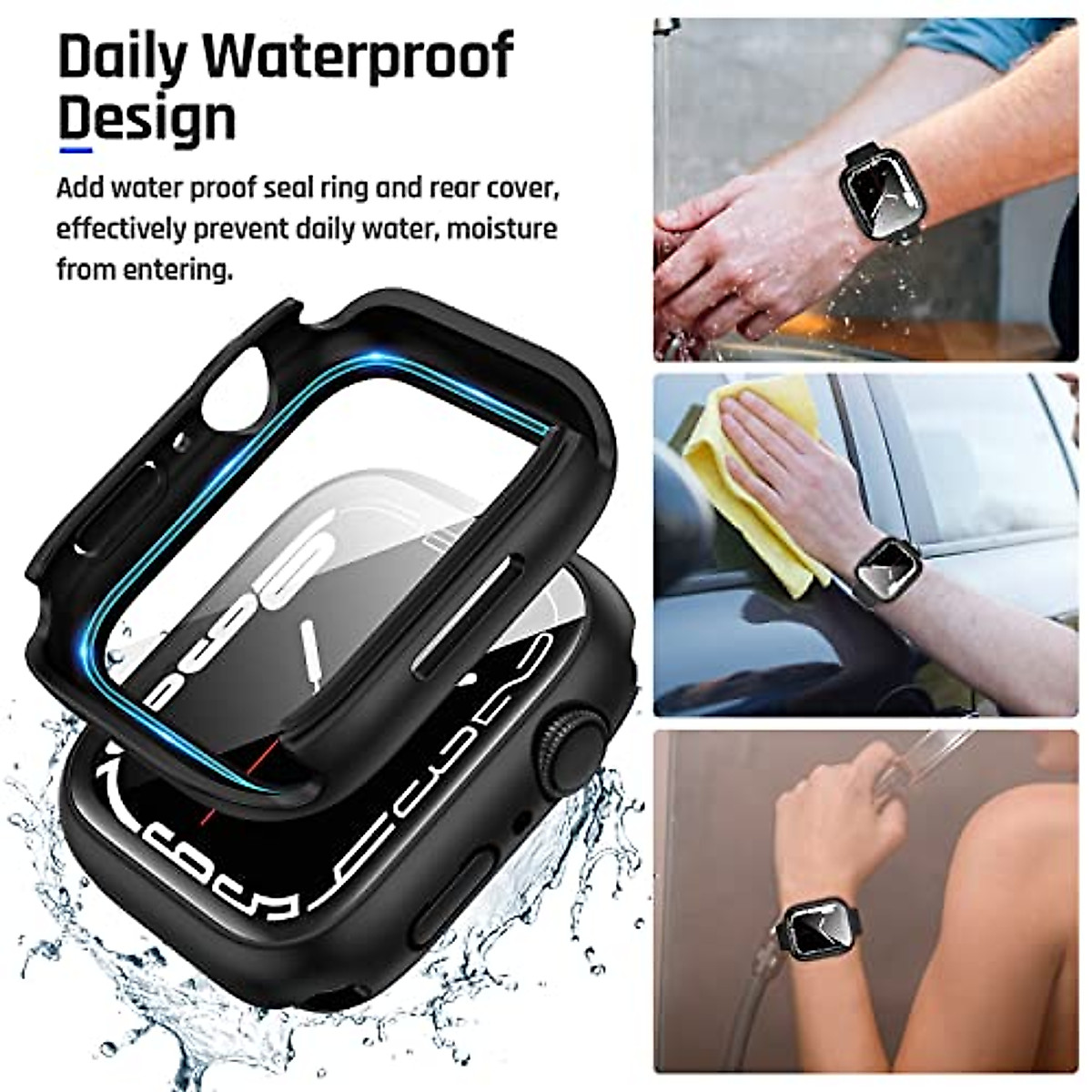 Goton 2 in 1 Waterproof Case for Apple Watch Series 8 & Series 7 45mm Screen Protector, 360 Protective Glass Face Cover Hard PC Bumper + Back Frame for iWatch 8/7 Accessories 45 mm, Black