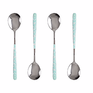 Stainless Steel Soup Spoon,Korean Dessert Spoon,Green Daisy Mixed Color Spoon for Home, Kitchen or Restaurant, Set of 4 Green Daisy Colour Soup Spoons, 8 Inches.