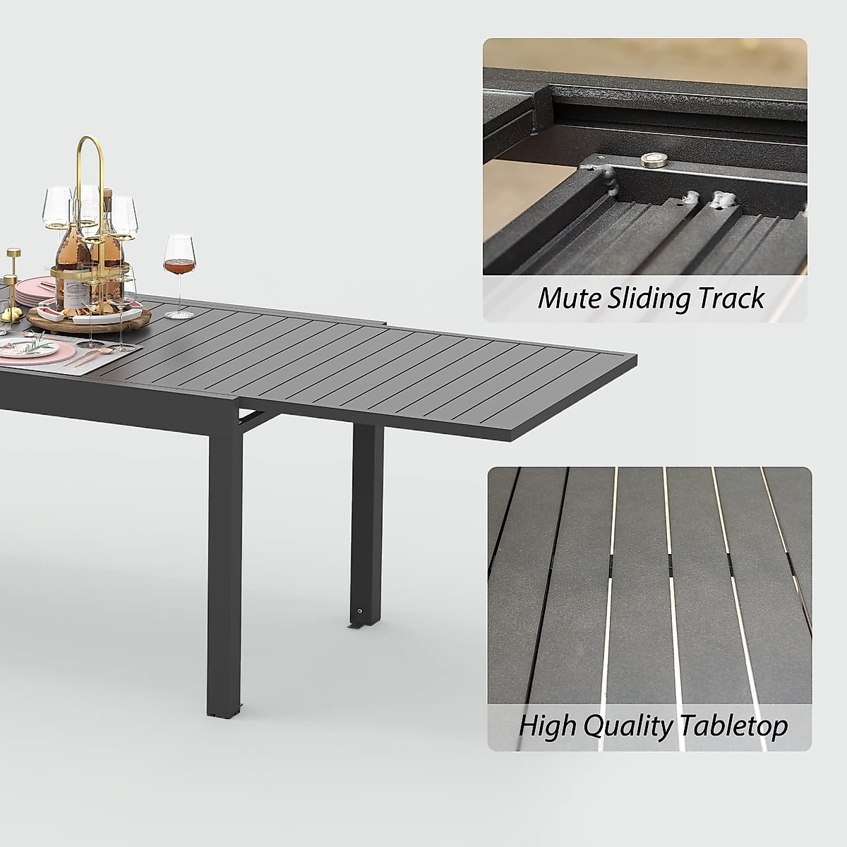 Domi 59" - 89" Expandable Patio Dining Table - Aluminum, Adjustable, Smooth-Sliding, Outdoor Furniture for 6-8 Person, Ideal for Backyard, Porch, Deck, Garden - Dark Brown,