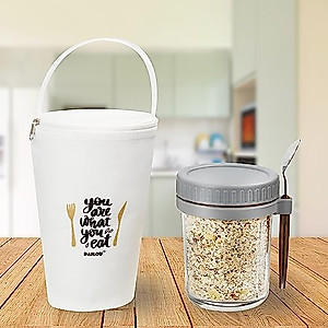 DAILOU Overnight Oats Containers with Lids and Spoons(4-Piece set),16 Oz Glass Mason Overnight Oats Jars,Portable Airtight Oats Container with Measurement Marks,Milk,Vegetable and Fruit Salad Storage Containers.