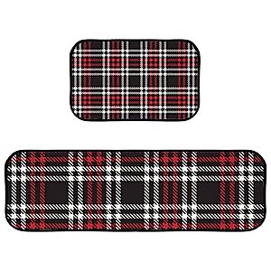Vantaso Kitchen Floor Mat Rug Red Plaid Checkered Tartan Set of 2 Cushioned Non-Slip Comfort Runner Rugs