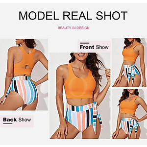 Dokotoo High Waisted Bikini Sets for Women 2024 Beach Scoop Neck Sleeveless Racerback Striped Print Trendy Swimsuit Sexy High Cut Tummy Control Bathing Suit Orange Large