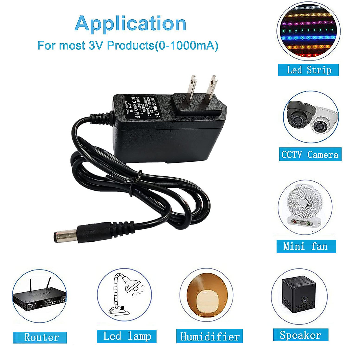 MTYTOT 2PCS 3V 1Amp Power Adapter Supply 100-240 AC to DC 3Volt 1000mA 0.8A 450mA 2.5mm X 5.5mm TIP Transformer Adapter for LED Lights Tabletop Fountain, Replacement 2AA's in Small Devices