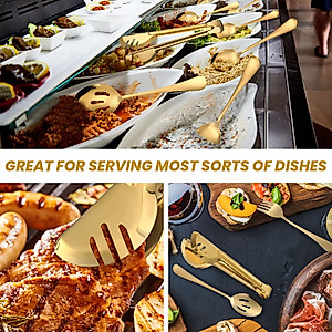 Patelai Stainless Steel Serving Utensils Large Serving Spoon Set 9.45 Inch Metal Tongs 9 Inch Serving Forks 8.7 Inch Slotted Spoons and Serving Spoon Kitchen Wedding Party(Gold, 8 Pieces)