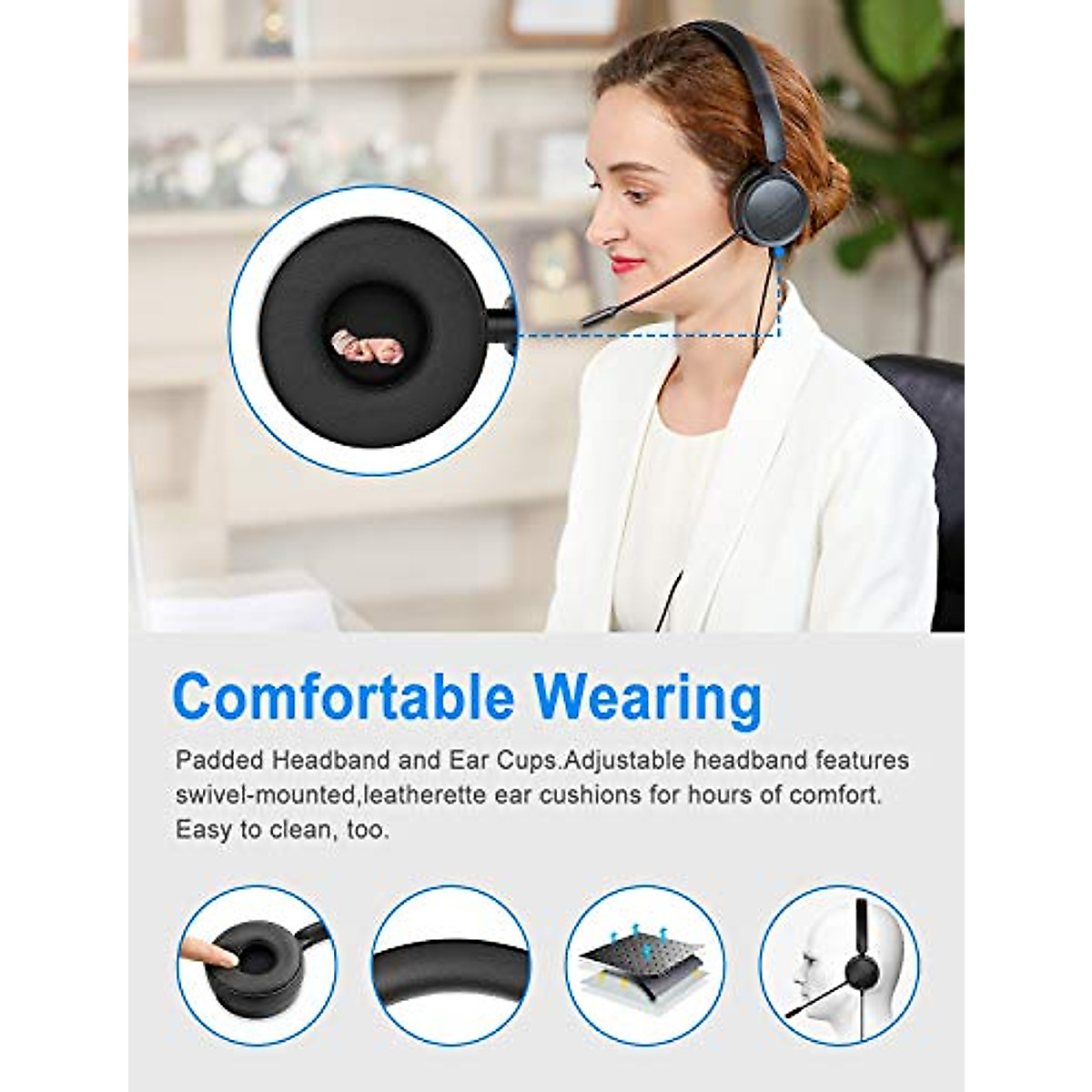 New bee USB Headset Computer Headset in-Line Call Controls Office Headset with Noise Cancelling Micphone Call Center Headset for Skype, Zoom, Laptop, Phone, PC, Tablet, Home with USB-C Adapter