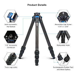 SIRUI AM-254 Carbon Fiber Camera Tripod, 47" Lightweight Compact Travel Tripod, 4-Section Legs, Twist Locks, Steel Spikes, Loads up to 26.5lbs/12kg