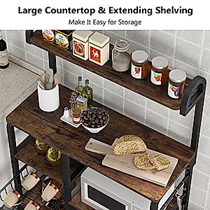 Tribesigns 35.5 inches Kitchen Baker’s Rack Microwave Oven Stand, Industrial Kitchen Cart Utility Storage Shelf Organizer Coffee Bar with Wire Basket and 6 Hooks (Rustic Brown)