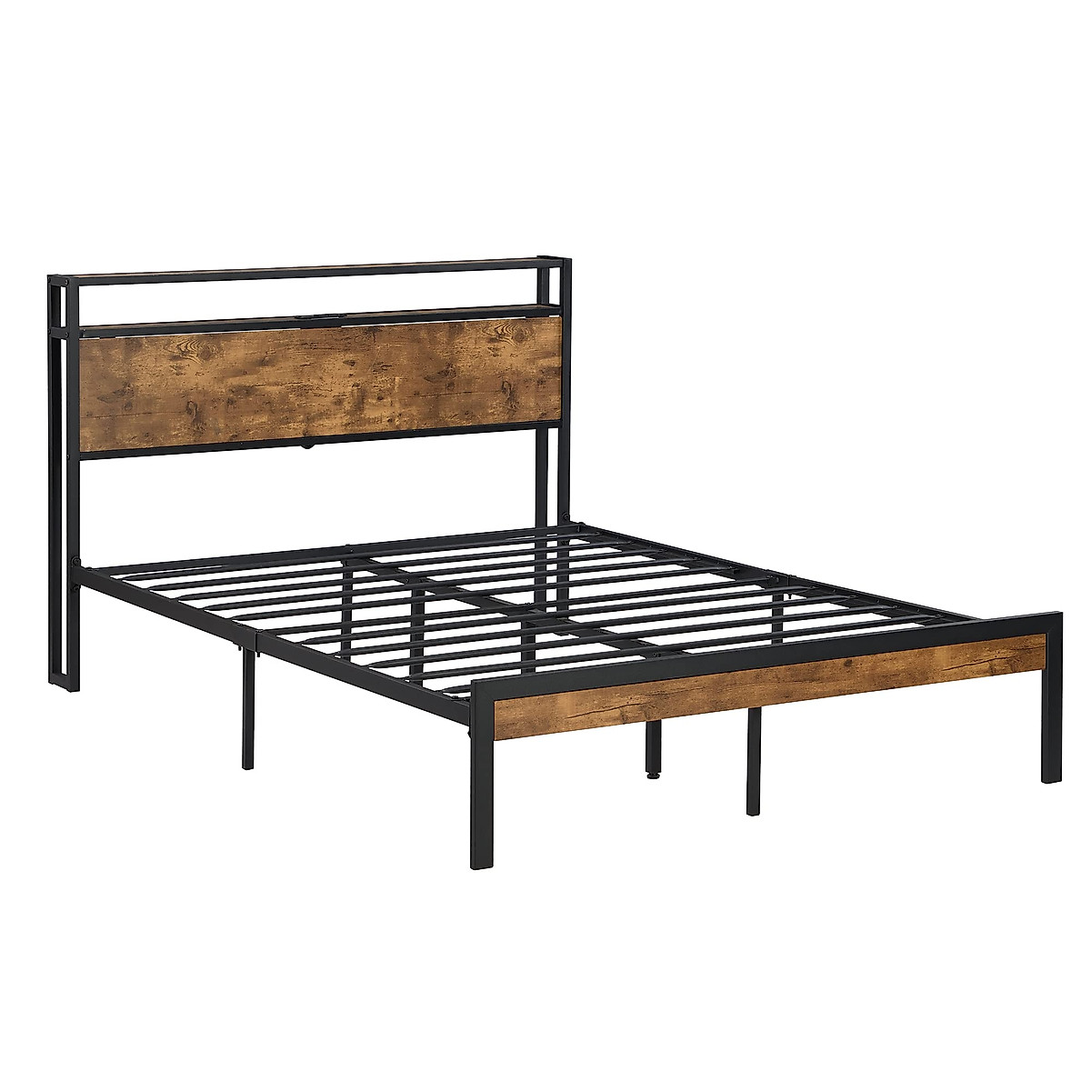 Fidktuveㅤ King Size Metal Platform Bed Frame with Wooden Headboard and Footboard, USB Port, Storage, Easy Assembly - No Box Spring Needed (Black)