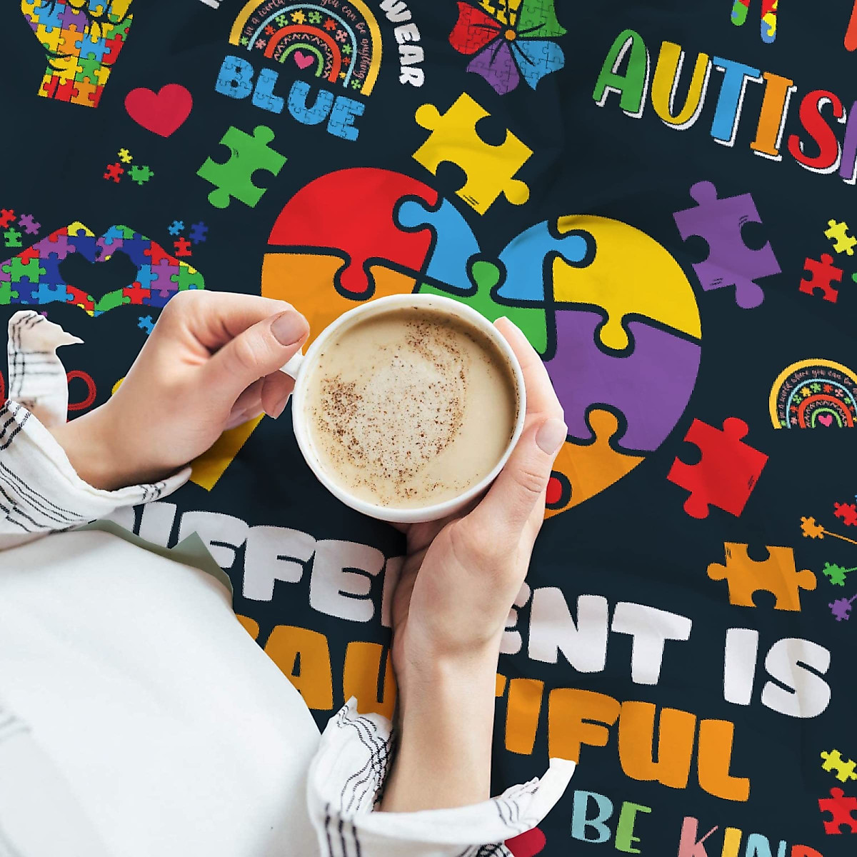 Autism Awareness Black Duvet Cover Set, Sumedha, Good Choice of Bedding, 3 Piece Set, Include 2 Pillowcases, 1 Duvet Cover, Full Size 80'' x 90''