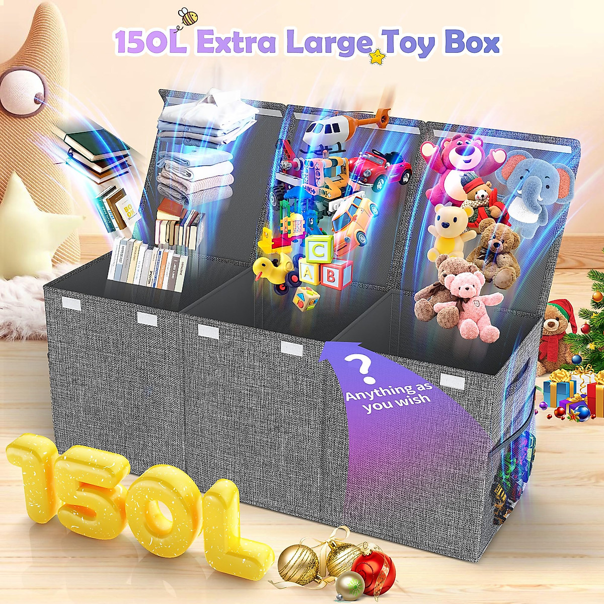 Extra Large Toy Box, Collapsible Sturdy Kids Toy Chest for Boys, Girls, Kids, 41"x14"x16"Toy Storage Organizer Toddler Storage Bins with Lids, Toy Box basket for Living Room, Bedroom, Nursery, Gray