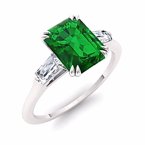 Diamondere Natural and Certified Emerald and Diamond Baguette Engagement Ring in 14K White Gold | 0.76 Carat Three Stone Petite Ring for Women, US Size 7.5