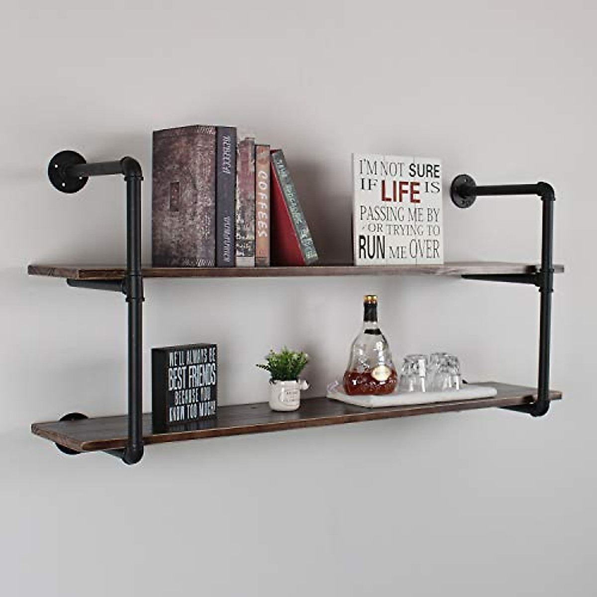 OISSIO Industrial Pipe Wall Shelf,2-Tiers Wall Mount Bookshelf,44in Rustic Wall Mount Shelf,DIY Storage Shelving Floating Shelves,Rustic Pipe Shelving Unit,Wall Book Shelf for Home Organizer