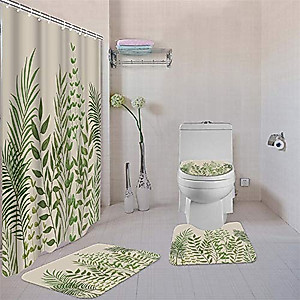 RyounoArt 4 Pcs Green Leaves Shower Curtain Set with Rugs and Accessories Vintage Plant Leaf Shower Curtain with Toilet Cover Waterproof Bathroom Curtain