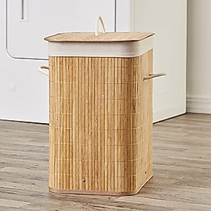 Welcome Industrial Bamboo Clothes Hamper - Clothing Basket with Carrying Handles - Rectangle