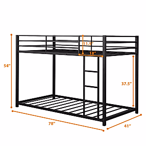 KOTEK Metal Bunk Bed Twin Over Twin, Low Bunk Bed with Sturdy Guard Rails & Ladder, Easy Assembly, Heavy-Duty Floor Bunk Bed Frame for Kids, Teens (Black)