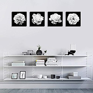 Flowers Wall Art Bathroom Wall Decor Abstract Botanical Picture Contemporary Wall Art Prints Bedroom Living Room Kitchen Office Home Decor Modern Black Flower Canvas Artwork 12" x 12" x 4 Pieces