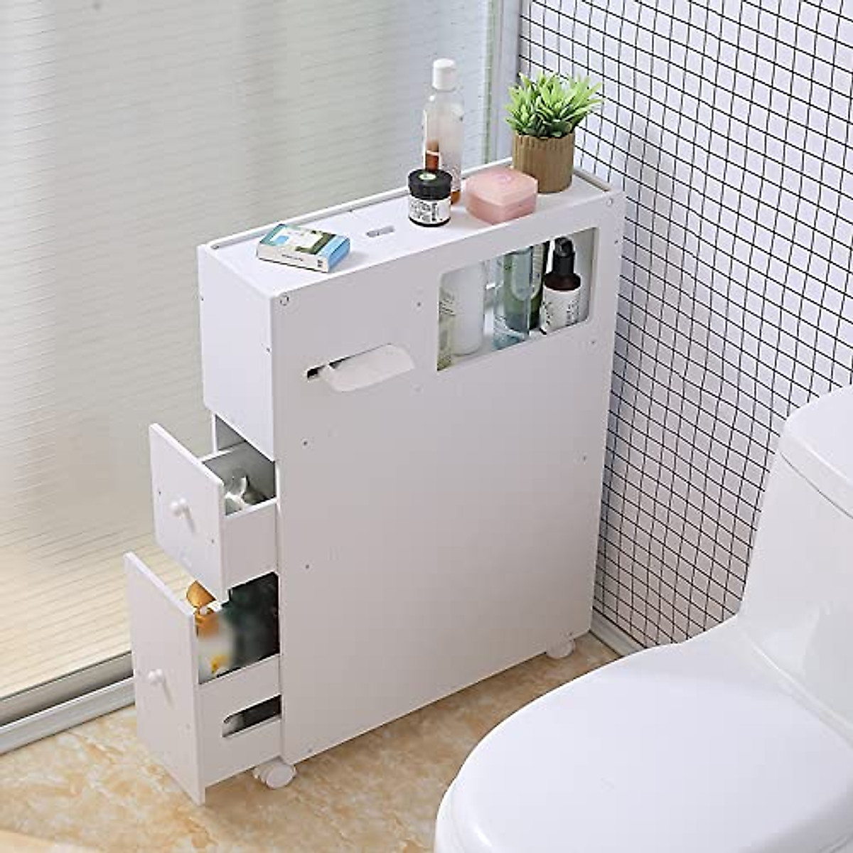 MONIPA Bathroom Organizer, Small Storage Cabinet with Doors and Shelves,Thin Toilet Vanity Cabinet,Narrow Bath Sink Organizer,Towel Storage Shelf for Paper Holder,White