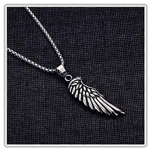 Mgutillart Punk Titanium Steel Angel Wing Pendant Feather Necklace(Steel)