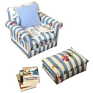 Dollhouse DIY Kit, Sofa Chair with Ottoman, Miniature Living Room Furniture Armchair, Blue White Fabric, Accessories for 3 to 4 inch Dolls, 1/24 Scale